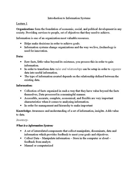 Introduction To Information Systems Notes Introduction To Information