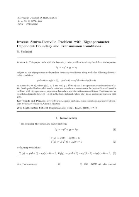 Pdf Inverse Sturm Liouville Problem With Eigenparameter Dependent Boundary And Transmission