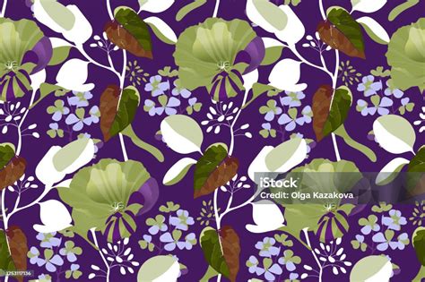 아트 플로럴 벡터 매끄러운 패턴 녹색 보라색 정원 은 꽃 푸른 길리 플라워 보라색 배경에 고립 된 갈색 잎가지 0명에 대한 스톡 벡터 아트 및 기타 이미지 Istock