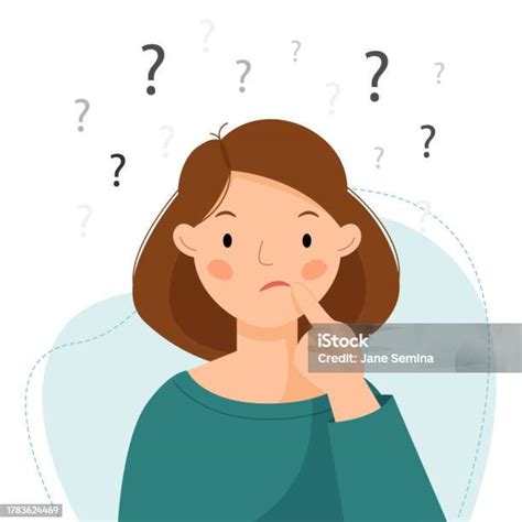 귀여운 여자는 문제에 대해 생각하고 결정을 내립니다 소녀는 혼란스럽고 선택을합니다 물음표 벡터 플랫 일러스트 레이 션 어깨를