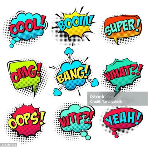 하프톤 그림자와 텍스트 문구만화 컬러 의 연설 거품 감정의 소리 표현 손으로 그린 복고풍 만화 스티커 팝 아트 스타일 벡터 일러스트레이션 개체 그룹에 대한 스톡 벡터 아트