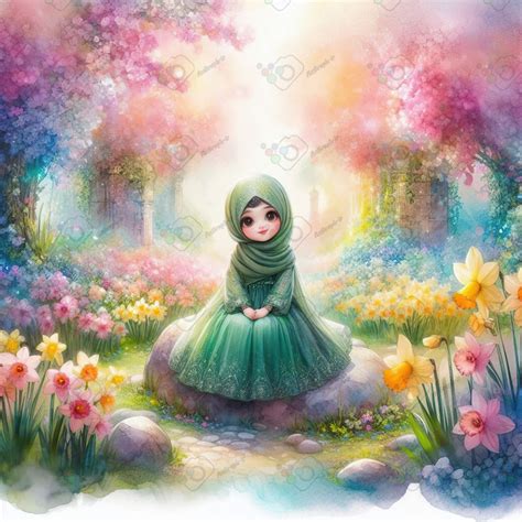 بک گراند کودکانه دختر ناز کوچولوی با حجاب نشسته روی تخته سنگ میان گلهای نرگس کد 42812 ویژه عکس