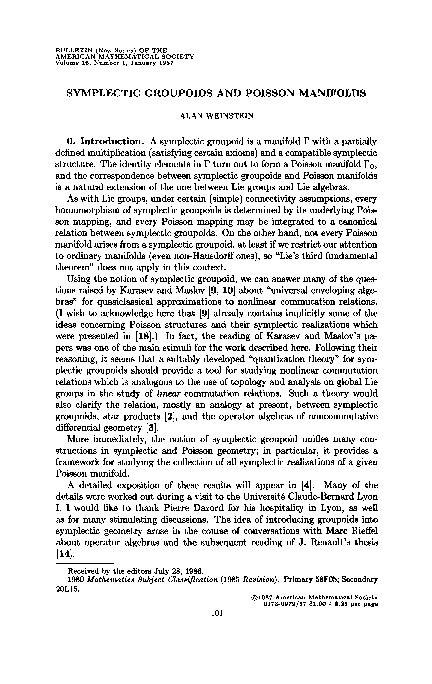 Pdf Symplectic Groupoids And Poisson Manifolds Alan Weinstein