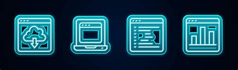 라인 클라우드 다운로드 브라우저 창이 있는 노트북 브라우저 및 그래프 차트 인포그래픽을 설정합니다 빛나는 네온 아이콘입니다 벡터 개념에 대한 스톡 벡터 아트 및 기타 이미지