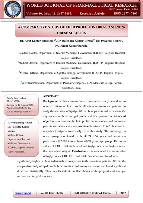 PDF A COMPARATIVE STUDY OF LIPID PROFILE IN OBESE AND NON OBESE SUBJECTS