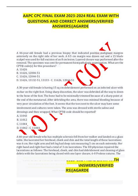 AAPC CPC FINAL EXAM REAL EXAM WITH QUESTIONS AND CORRECT ANSWERS VERIFIED ANSWERS AGARDE AAPC
