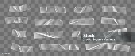 투명 한 배경에 격리 된 투명 한 접착제 플라스틱 테이프 설정 사진 및 종이 기구를위한 구겨진 접착제 플라스틱 스티커 테이프