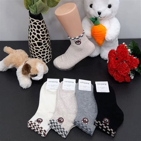 봄여름 여성용 귀여운 체크무늬 곰돌이 캐릭터 패션 데일리 발목 4켤레 묶음 세트 양말