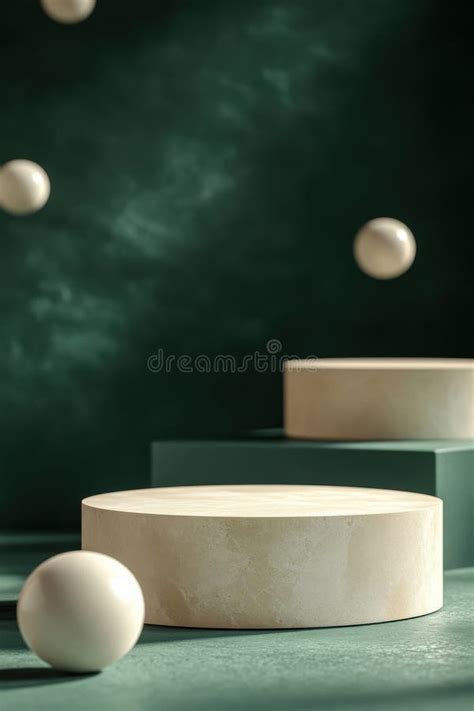 Minimalist 3d Rendering Of Two Beige Podiums With Floating Spheres On A Dark Green Backdrop With