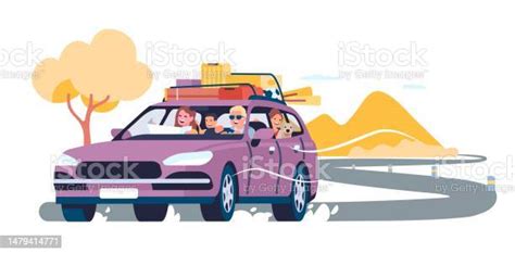 자동차로 여름 여행 가족 자동 휴가 여행 휴일 교통 운전 차량 지붕에 수하물 자동차 관광 모험 여행 자녀가있는 부모 벡터 개념