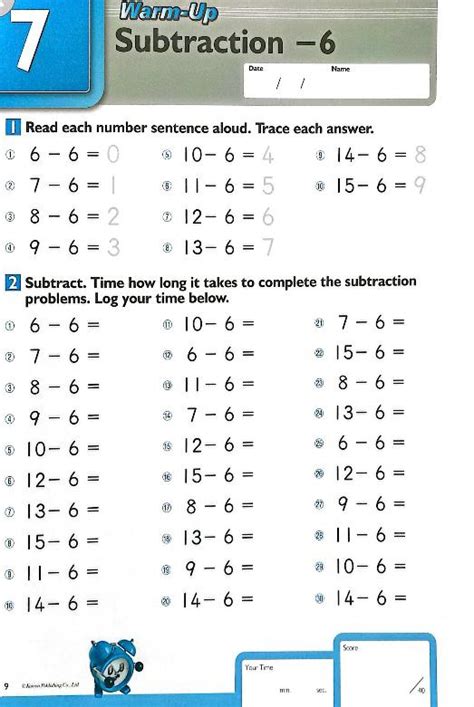 Speed And Accuracy Subtraction Numbers 1 Through 9 Brac Kumon