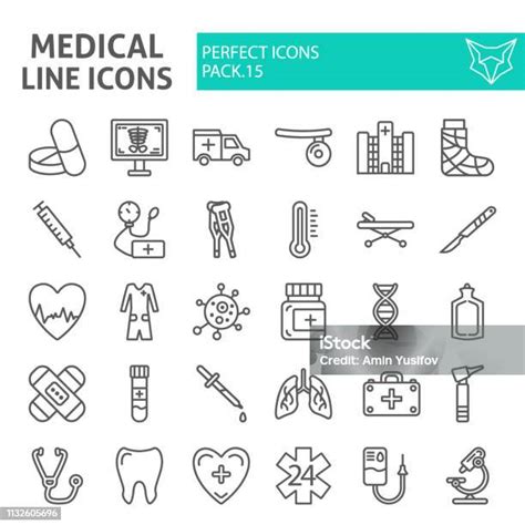 의료 라인 아이콘 세트 병원 기호 컬렉션 벡터 스케치 로고 일러스트 의학 표지판 흰색 배경에 고립 된 선형 픽토그램 패키지 10에 대한 스톡 벡터 아트 및 기타 이미지