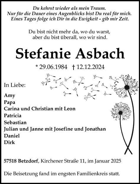 Traueranzeigen Von Stefanie Asbach Rz Trauer De