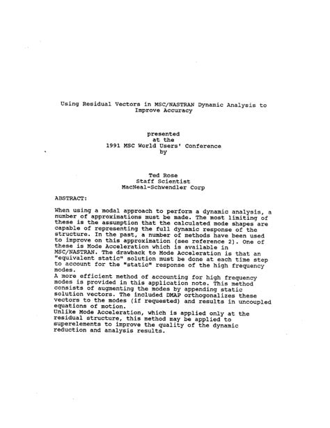 Pdf Using Residual Vectors In Mscnastran Dynamic Analysis To Improve