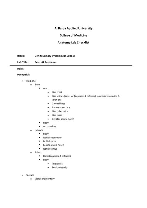 Al Balqa Applied University College Of Medicine Anatomy Lab Summaries Medicine Docsity