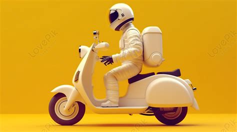 생생한 노란색 배경의 측면 보기에서 모터 스쿠터에 3d 렌더링된 우주 비행사 노란 배경 비행사 배경 자전거 바퀴 배경 이미지 Hd 노란 비행사 자전거 바퀴 배경