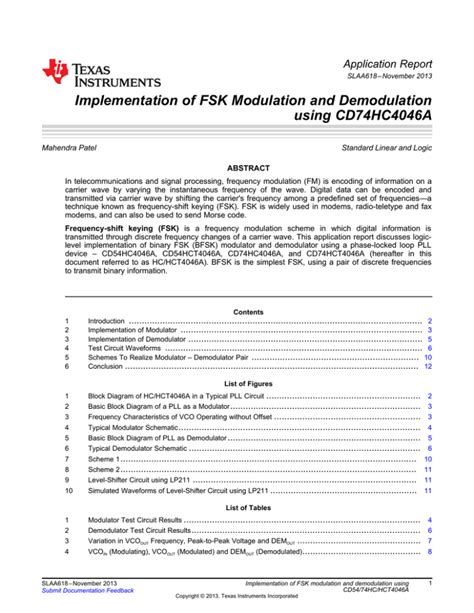 Fsk Modulation Demodulation With Cd74hc4046a