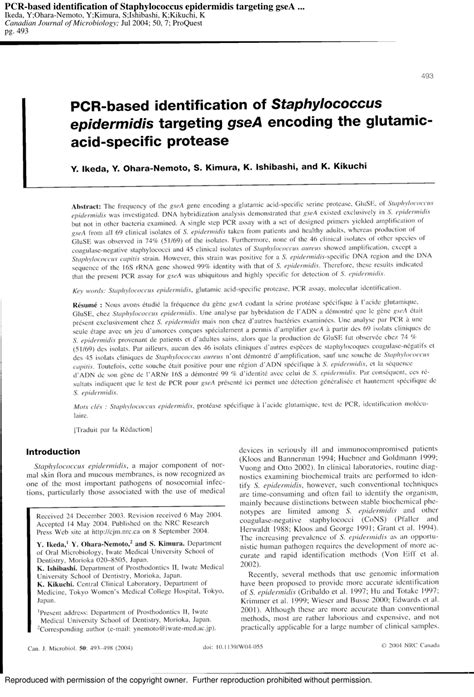 Pdf Pcr Based Identification Of Staphylococcus Epidermidis Targeting Gsea Encoding The