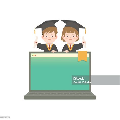 졸업 가운을 입은 소년과 소녀가 흰색 배경에 노트북 일러스트 벡터 빈 배너 사인 프레임에 서 있습니다 교육 개념 가정 생활에 대한 스톡 벡터 아트 및 기타 이미지 Istock