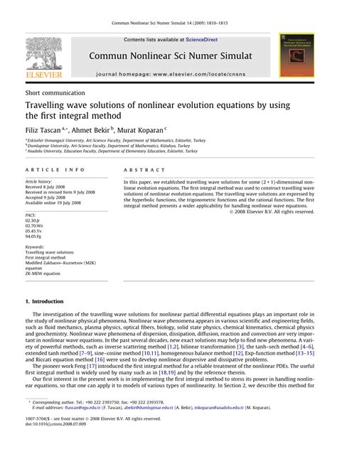 Pdf Travelling Wave Solutions Of Nonlinear Evolution Equations By Using The First Integral Method