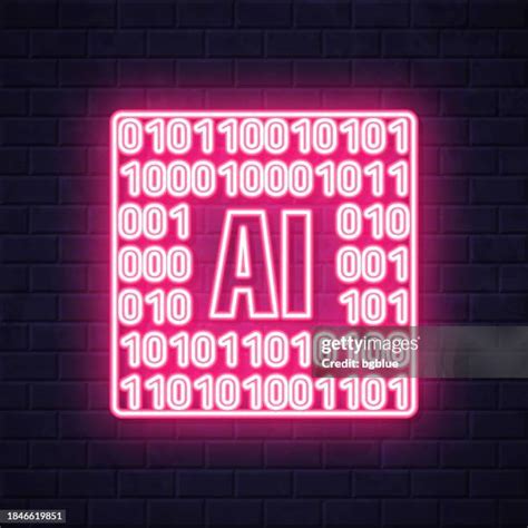 Artificial Intelligence Ai With Binary Code Glowing Neon Icon On Brick