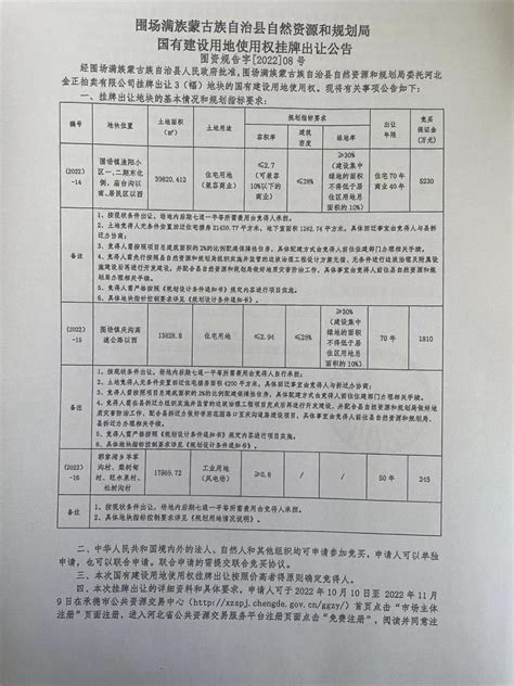 围场满族蒙古族自治县人民政府 公告公示 围场满族蒙古族自治县自然资源和规划局国有建设用地使用权挂牌出让公告