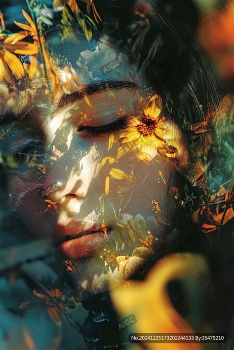 Ai创作图创意唯美女孩 唯美少女与花系列 梦幻忧伤迷离恍然 创意唯美人像 多重曝光技法 虚幻之美 梦幻神秘 唯美梦幻现代艺术 意境人物插画 扭曲人像插画 遐想唯美 花中睡美人 氛围感插画 质感