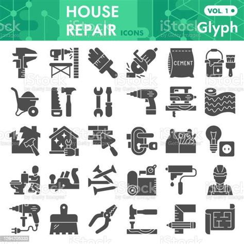하우스 수리 솔리드 아이콘 세트 홈 빌딩 및 개조 기호 컬렉션 또는 스케치 웹 및 앱용 글리프 스타일 표지판을 구성하고