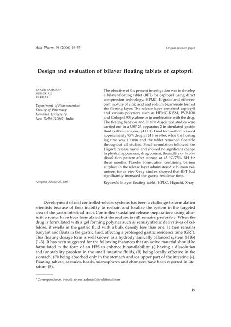 Pdf Design And Evaluation Of Bilayer Floating Tablets Of Captopril