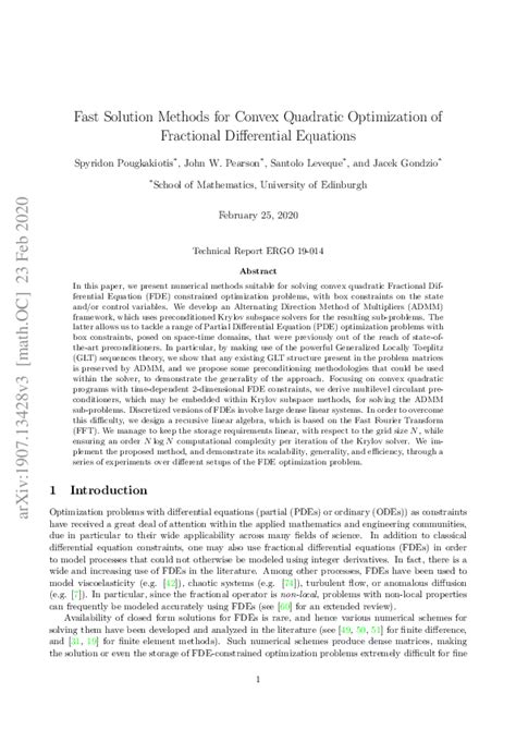 Pdf Fast Solution Methods For Convex Quadratic Optimization Of Fractional Differential Equations