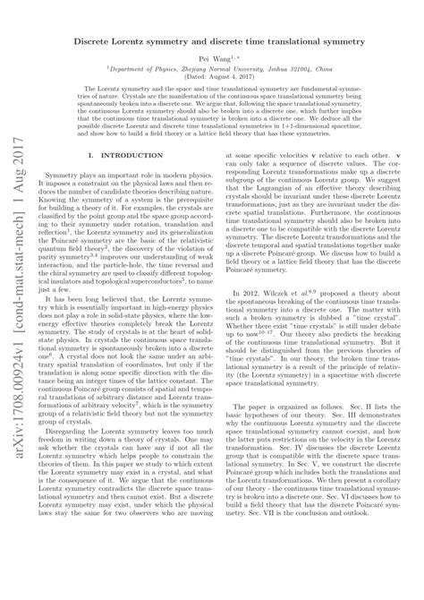 Pdf Discrete Lorentz Symmetry And Discrete Time Translational Symmetry