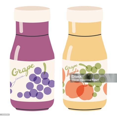 포도와 사과 주스 병 흰색 배경에 벡터 손으로 그린 만화 과일 음료 병 그림 도움이 되는 유기농 과일수 여름 다과의 유리 병 0명에 대한 스톡 벡터 아트 및 기타 이미지