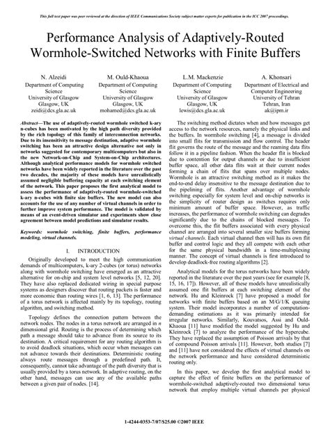pdf performance analysis of adaptively routed wormhole switched networks with finite buffers