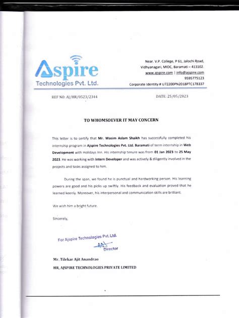 Computer Science Internship Letter Shaikh Wasim Pdf