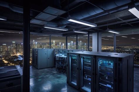 Data Center With View Of The City Skyline With Buildings And People Visible In The Background