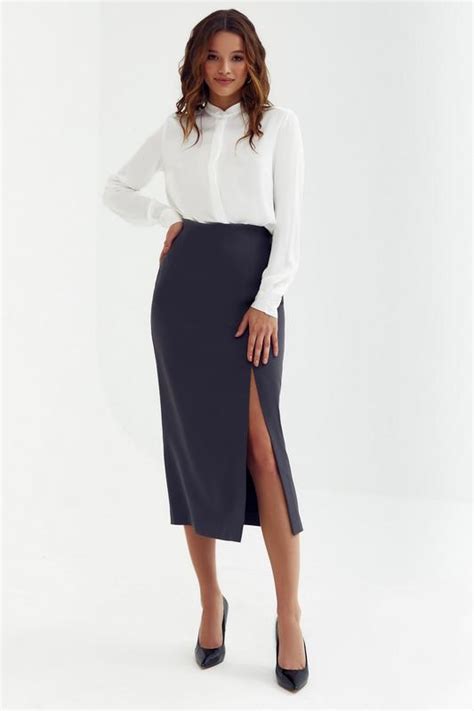 Сіра спокуслива спідниця в діловому стилі для офісу з розрізом міді нижче колін довга максі з