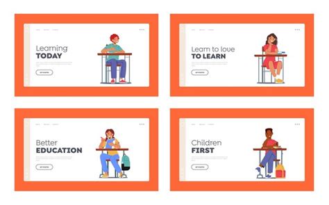 학생 아이 학교 방문 페이지 템플릿 세트로 돌아가기 학생 소년 또는 소녀 배낭 및 교과서 학습 프리미엄 벡터