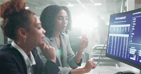 Women Computer Screen And Stock Market Analytics As Team For Statistics Review Profit Or