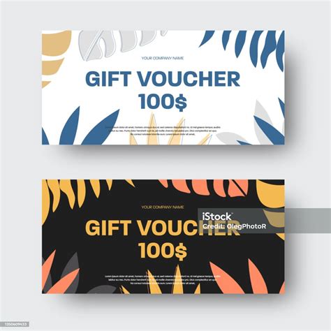 트로피컬 잎 나뭇가지 파란색 및 노란색 인서트가 있는 벡터 기프트 바우처 템플릿은 흰색 검은색 배경에 있습니다 개념에 대한 스톡 벡터 아트 및 기타 이미지 Istock