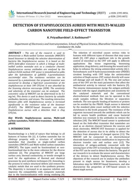 Detection Of Staphylococcus Aureus With Multi Walled Carbon Nanotube Field Effect Transistor