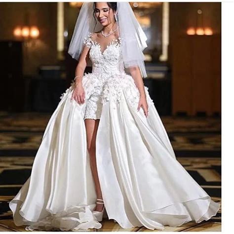Special Style Lace Highlow Wedding Dresses 2017 New Short Matte Satin Scoop Sweep Zipper