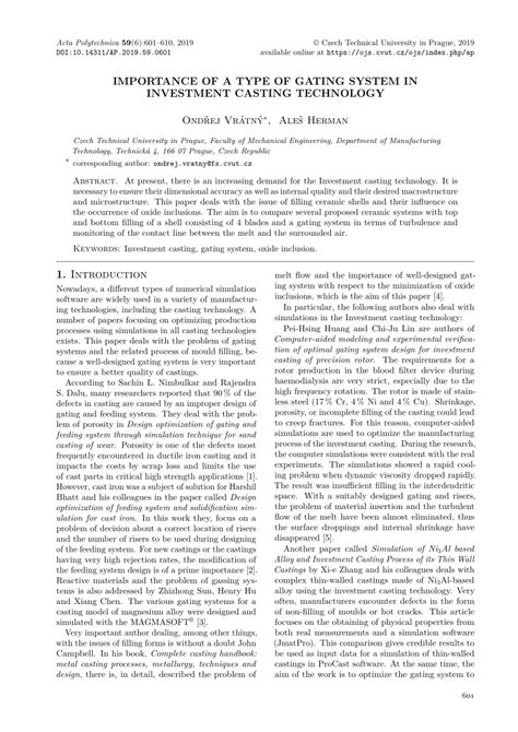 Pdf Importance Of A Type Of Gating System In Investment Casting Technology