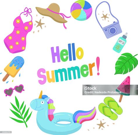안녕하세요 여름 벡터 배경 템플릿입니다 모자 아이스크림 수영복 불가사리 선글라스 유니콘 카메라 슬리퍼 형태의 다채로운 해변 요소로 안녕하세요 여름을 맞이합니다 배너 배경