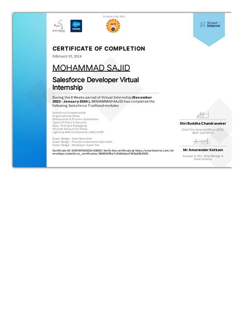 Internship Certificatecomplete Newskills Salesforce Developer Trailblazer Trailhead