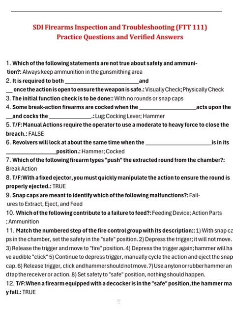 SDI Firearms Inspection And Troubleshooting FTT 111 Practice Questions And Verified Answers