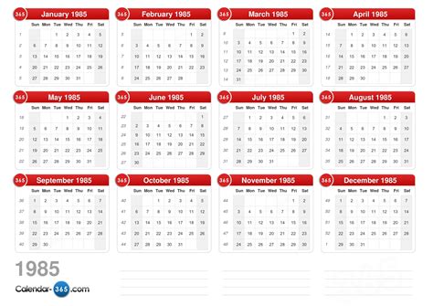 1985 Calendar