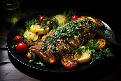 Fried Fish Slice With Herbs And Vegetables And Sauce Premium Ai