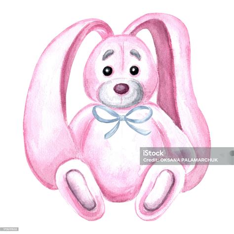 파란 활에 핑크 토끼는 디자인 초대장 꾸미기 스티커 만들기 인쇄 및 자수 계획과 직물을 위해 흰색 배경에 귀여운 부드러운 어린이 장난감 수채화 손으로 그린 그림을 앉아