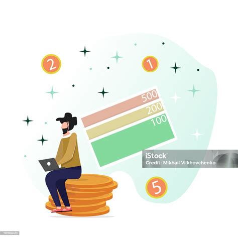 평면 스타일에서 벡터 일러스트 레이 션입니다 수염을 가진 남자는 동전의 더미에 앉아 노트북에서 작업 3차원 형태에 대한 스톡 벡터 아트 및 기타 이미지 Istock