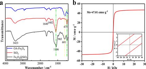 A Ft Ir Spectra Of Oa Fe3o4 Blue Line Sio2 Red Line And